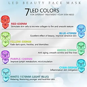 LED Face Mâsk Light Therapy | 7 Color Skin Rejuvenation Therapy LED Photon Mâsk Light Facial Skin Care Anti Aging Skin Tightening Wrinkles Toning Mâsk (For face & neck). (White)