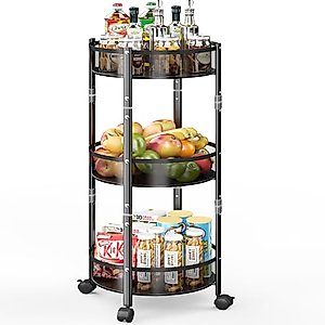 Innotic 3-Tier Rolling Utility Cart, No Assemble, Collapsible Metal Storage Organizer Cart with Lockable Wheels, Multifunctional Trolley for Kitchen, Office, Garden(Black)