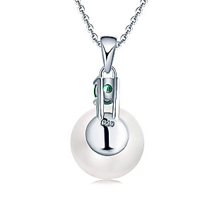 JO WISDOM Pearl Necklace,925 Sterling Silver Cubic Zirconia 10mm White Freshwater Pearl Pendant Necklace,Created Emerald May Birthstone Jewelry for Women