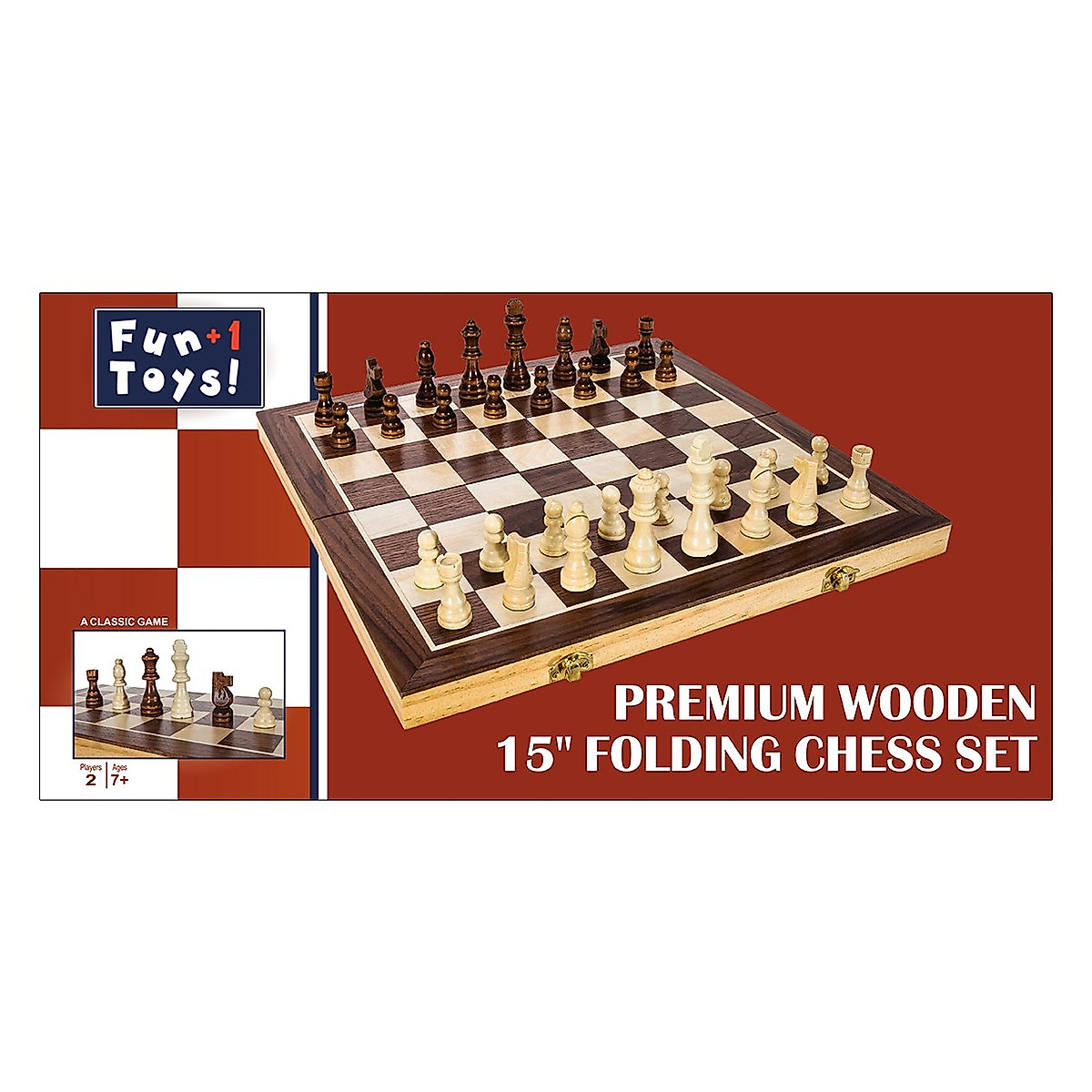 Fun+1 Toys! Wooden Chess Set for Adults and Kids, 15" Portable Chess Board Set with Chess Pieces & Drawstring Bag