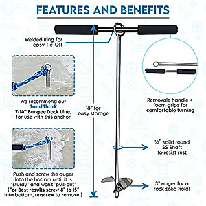 SandShark 18 inch Lite Series Boat Anchor - Shallow Water Anchor Pole - Jet Ski Anchor, Kayak Anchor, Pontoon Boat Accessories for Beach and Sandbar - 316 Stainless Steel w/Handle and Padded Case