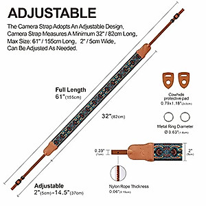 Mystic Blue Camera Strap - Double Layer Cowhide Ends,2" Pure Cotton Embroidered Woven Camera Strap,Universal Neck & Shoulder Strap Adjustable for All DSLR / SLR Cameras,Gift for Photographers