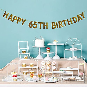 HAPPY 65TH BIRTHDAY Banner，Pre-strung，No Assembly Required，65th Birthday Party Decorations Supplies，Gold Glitter Paper Garlands Backdrops, Letters Gold Betteryanzi