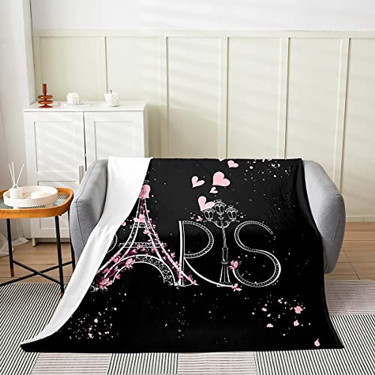Eiffel Tower Fleece Throw Blanket,All Season Paris Tower Bed Blanket French Paris Cityscape Fuzzy Blanket for Bed Sofa Couch,Bedroom Decor Pink Floral Plush Blanket 40"x50"