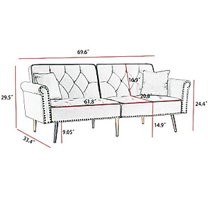 Velvet Sofa Bed, Convertible Folding Sleeper Couch with 2 Pillows, 70" Tufted Loveseat Recliner with Golden Metal Legs for Living Room Apartment Office (Beige)