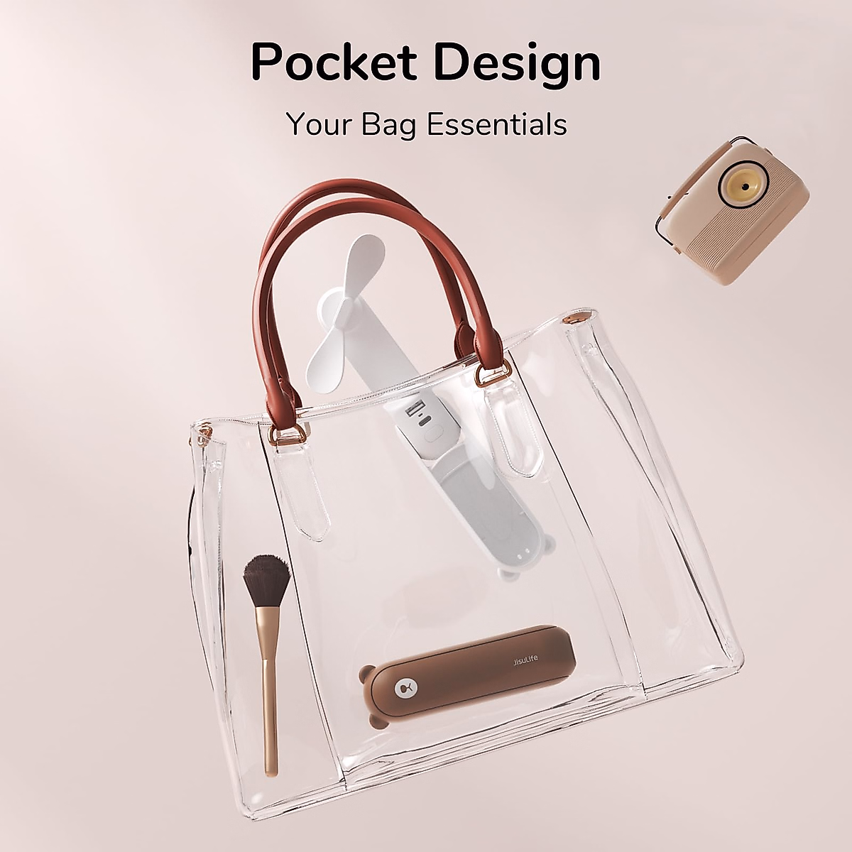 JISULIFE Handheld Mini Fan, 3 IN 1 USB Rechargeable Portable Fan [12-19 Working Hours] with Power Bank, Flashlight, Pocket Design for Travel/Summer/Concerts/Lash, Gifts for Women (Brown)