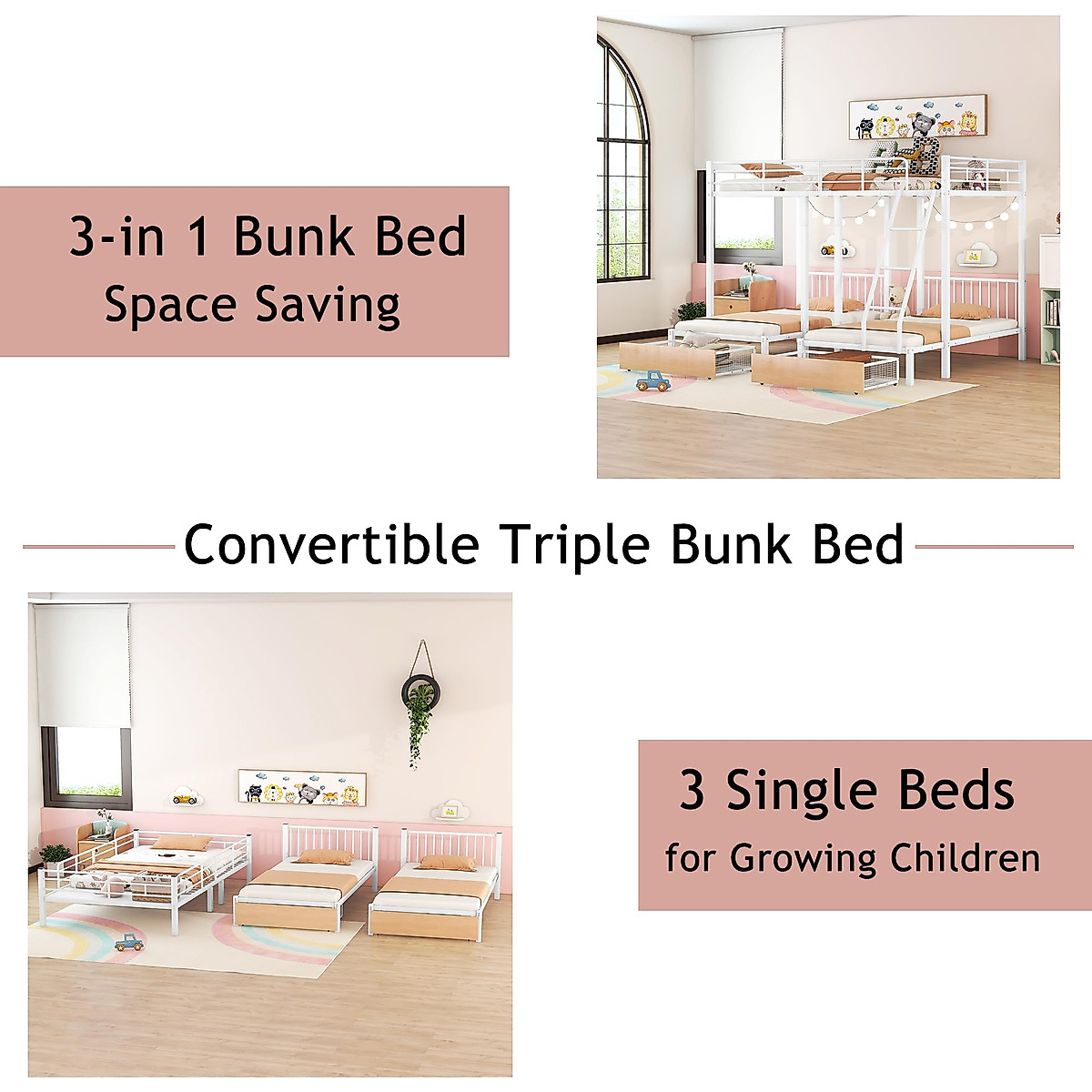 Metal Triple Bunk Bed Full Over Twin & Twin, Full Over Twin & Twin Bunk Bed with Storage Drawers, 3 Bunk Beds/Convertible Into 3 Beds, Metal Triple Bunk Beds for Kids,Teens, Girls(White)