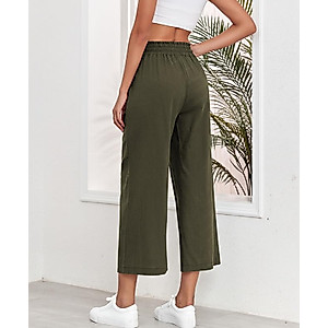 REDMORE High Waisted Linen Pants for Women Summer Wide Leg Capris Lightweight Casual Drawstring Trousers Palazzo Pants Army Green