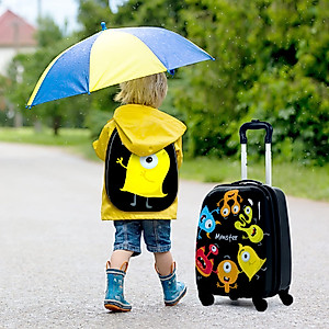 Goplus 2PC Kids Luggage, 12" & 16" Kids Carry On Luggage Set with 4 Spinner Wheels, Lightweight Rolling Spinner Suitcase for Children Toddlers Boys and Girls Travel (Monsters)