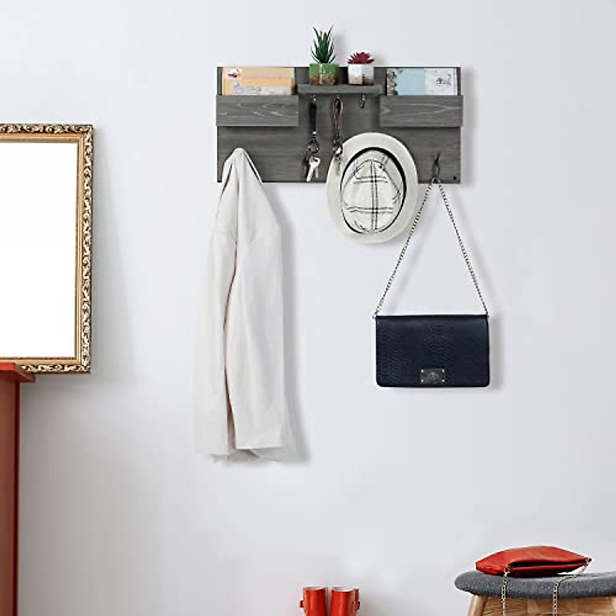 MyGift Wall Mounted Vintage Gray Solid Wood Mail and Key Holder Organizer Rack with Antique Key Hooks, Display Shelf and Letter Storage Bins, Entryway Family Command Center