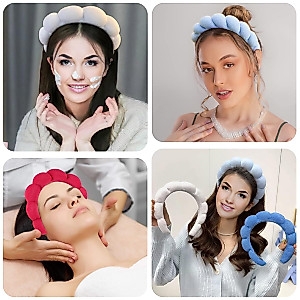 ANEESAA Spa Headband for Washing Face Wristband Set Sponge Makeup Skincare, Terry Cloth Bubble Soft Get Ready Hairband for Women Girl Puffy Padded Headwear Thick Hair Accessory (Blue)