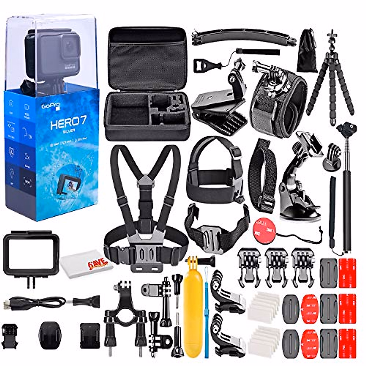 GoPro - HERO7 Silver 4K Waterproof Action Camera - with 50 Piece Accessory Kit - Touch Screen 4K HD Video - 10MP Photos - Live Streaming Stabilization - Silver (Ecommerce Packaging) - Loaded Bundle