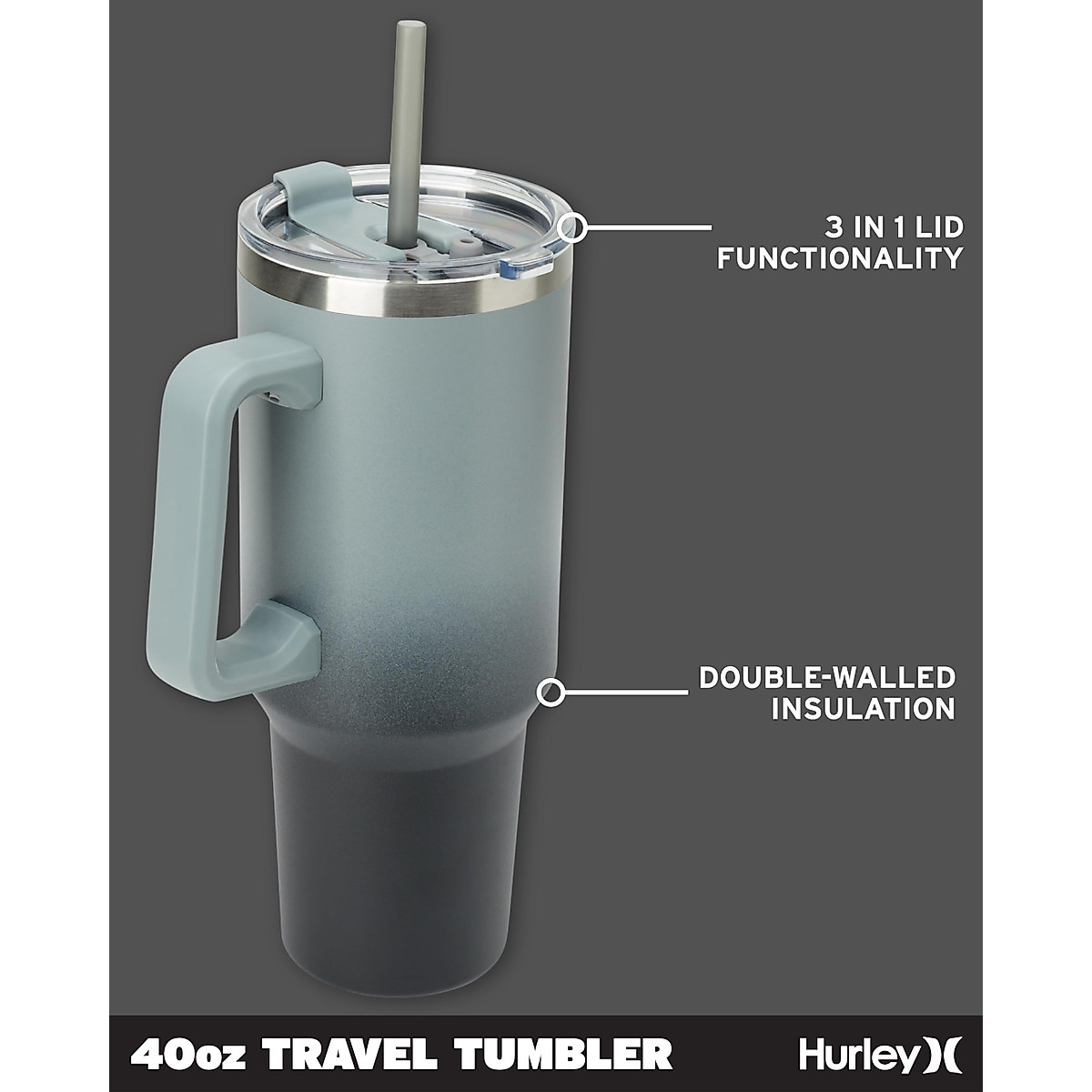 Hurley Tumbler Thermos - 40oz Double Wall Vacuum Insulated Travel Mug with Handle - BPA Free Stainless Steel Water Bottle - Leak Proof Hot and Cold Coffee Car Cup, Size 40 oz, Gradient Charcoal