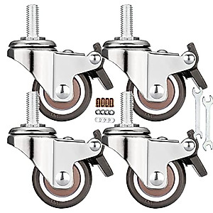 Stem Casters, 360 Degree Swivel Stem TPR Wheels with Metric M6-1.0x15mm Thread Rods Replacement Industrial Castors for Carts, Furniture, Dolly, Workbench (1.5 inch with Brakes)