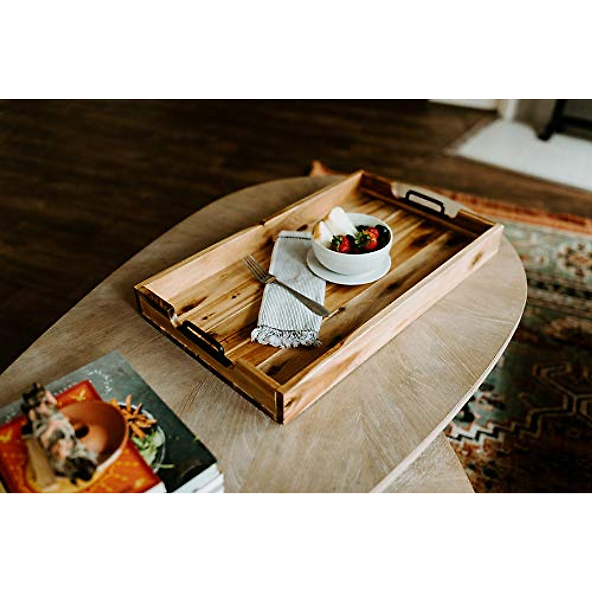 Villa Acacia Large Wood Serving Tray 24 Inch with Handles, Solid Wood, Light Finish