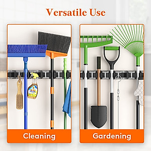 Lifewit Mop and Broom Holder Wall Mount, Anti-Slip Broom Hanger for Kitchen Organization, Heavy Duty Cleaning Supplies Organizer, Easy Install Tool Organizer for Closet, Garage, 5 Slot 6 Hooks, Grey