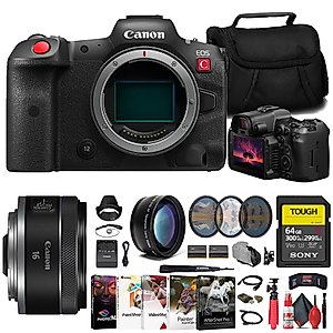 Canon EOS R5 C Mirrorless Cinema Camera (5077C002) + Canon 16mm Lens (5051C002) + Sony 64GB Tough SD Card + Filter Kit + Bag + Charger + LPE6 Battery + Telephoto Lens + Card Reader + More (Renewed)