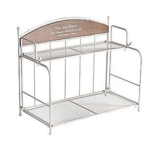 Funly mee 2 Tier Kitchen Countertop Spice Rack, Bathroom Metal and Wood Foldable Shelf Organizer (Rustic White)