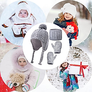 KMOLY Kids Winter Hat Scarf Gloves Set for Girls Boys 3-8 Years,Toddler Earflap Beanie Neck Warmer Mittens Fleece Lined Set Grey