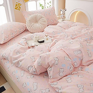 MKXI Queen Size Pink Floral Duvet Cover Cute Cats Duvet Cover for Girls White Cat Pattern Kids Bedding Set Pink Cartoon Comforter Cover for Children