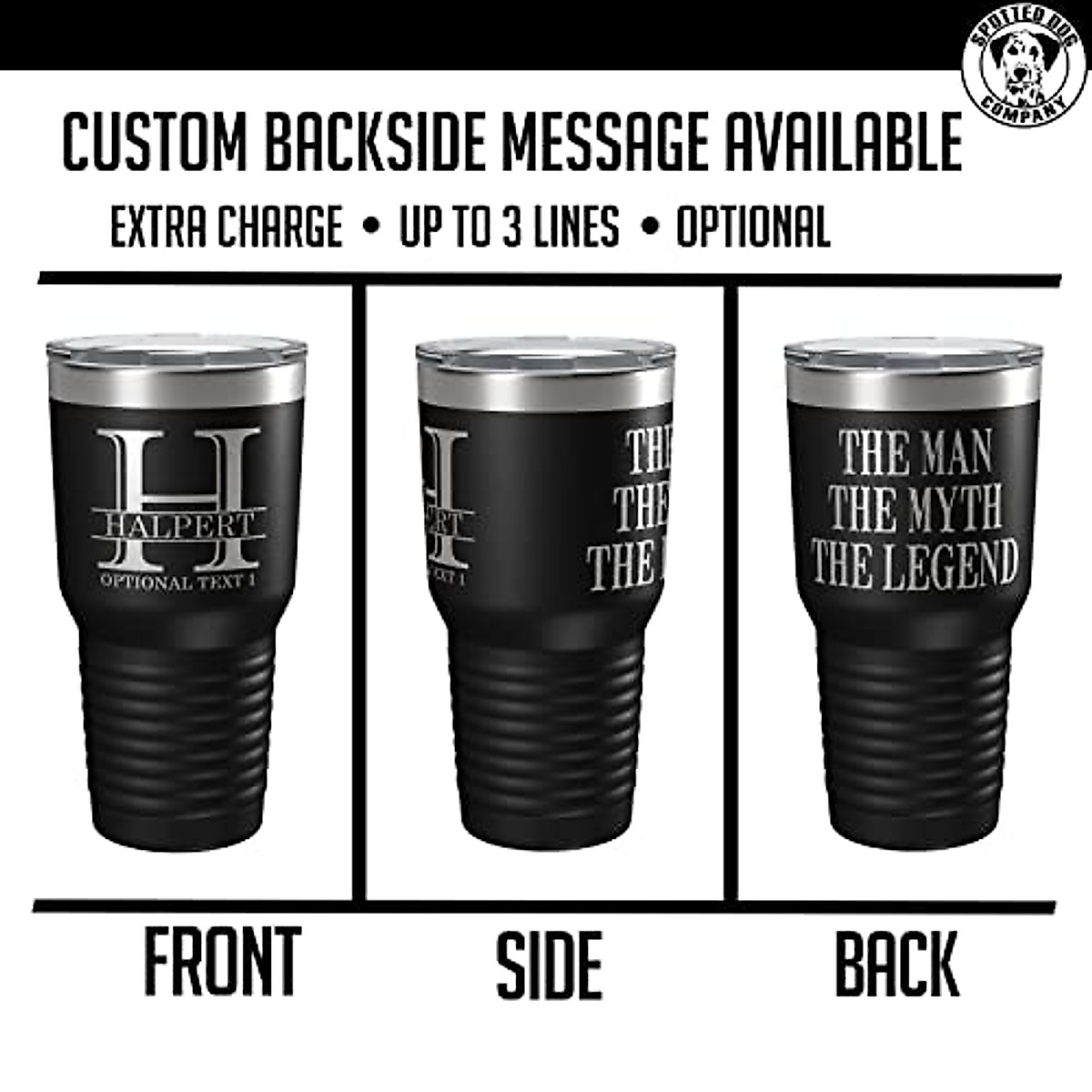 Personalized 30oz (17 Colors) Powder Coated Insulated Stainless Steel Tumbler with Lid, Custom Etched, Customized Engraved Gift Idea for Women Men Her Him, Halpert Monogram Initial Name (Black)