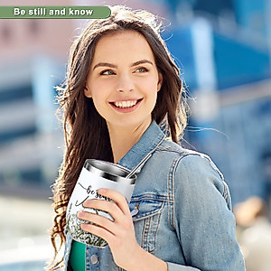 3 Pcs Christian Gifts for Women Be Still and Know Religious Gifts 12 oz Stainless Steel Tumbler Inspirational Scripture Keychain Bible Verse Cosmetic Bag for Mom Church Favors Mother's Day Gifts