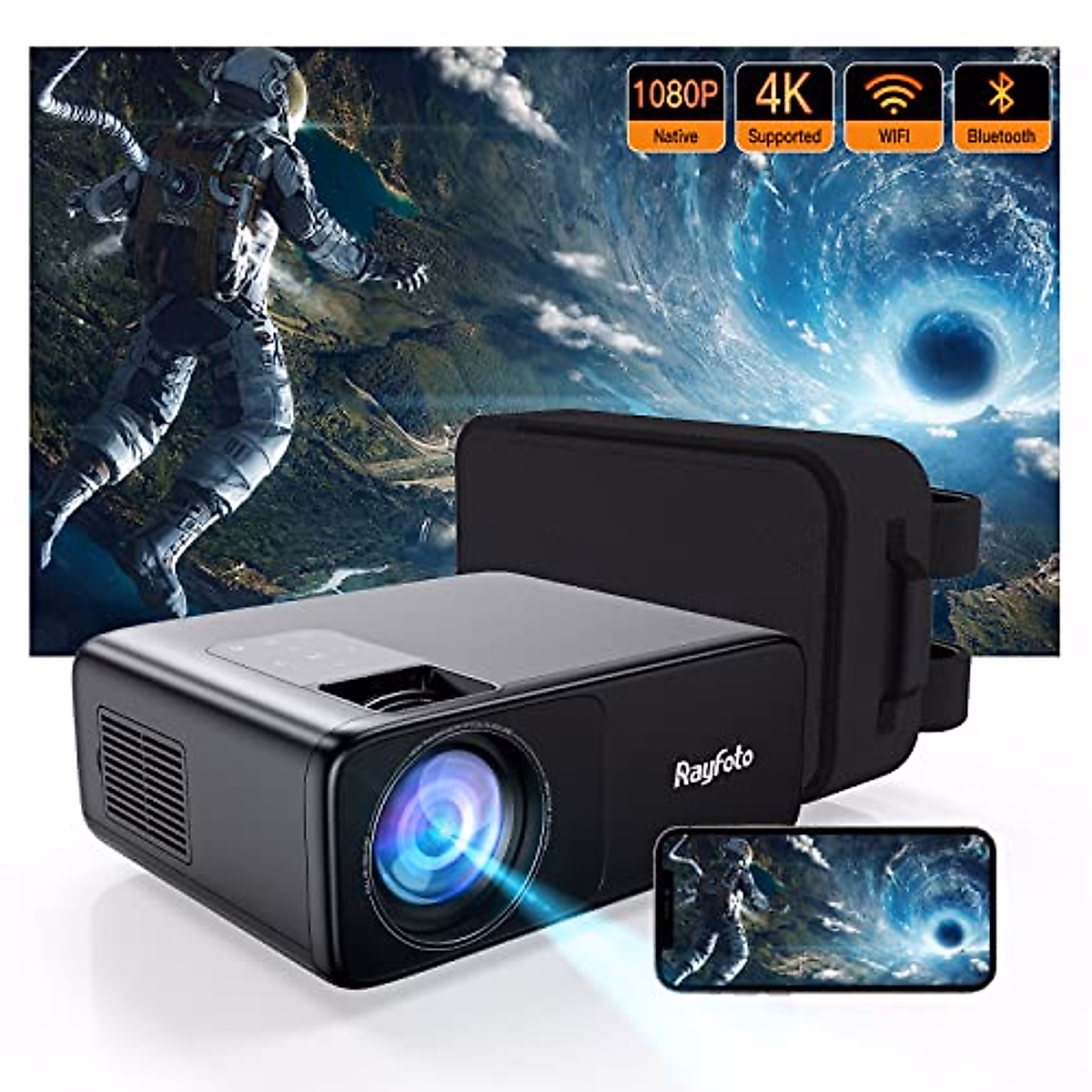 Rayfoto WiFi Bluetooth Projector,9500L HD Native 1080P 300" Giant Screen Display,4K Support Video Projector, Home Movie Projector Compatible with TV Stick, PC, DVD, Laptop / Extra Bag Included