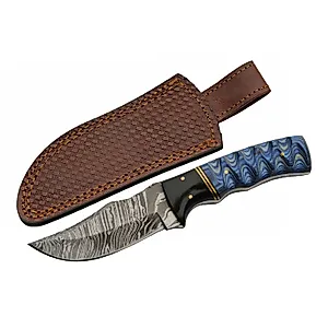 Blue Lake Ripple Damascus Steel Blade | Wood Handle 8 inch EDC Hunting Knife