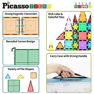 PicassoTiles 101pcs Magnetic Building Block Toy + Case Set Magnet Tile Construction Blocks for Ages 3 and Up Educational Kit Child Brain Development Learning Playset in Portable Travel Carry Bin