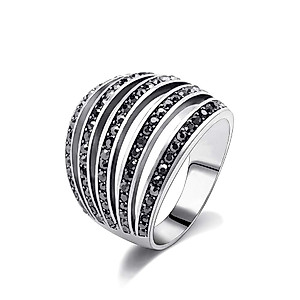 Mytys Vintage Wide Ring Classic Black Marcasite Crystal Rows Statement Silver Chunky Rings (Silver 4, 9)