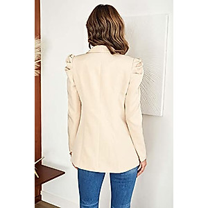 Asvivid Womens Tweed Blazers Casual Open Front Office Blazers Puff Sleeve Jackets Work Suit with Pockets Apricot,M