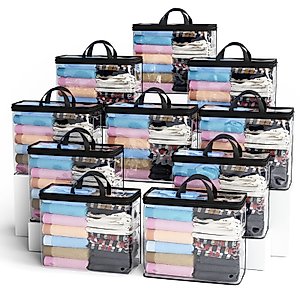 10PACK Clear Zippered Storage Bags for Clothes, 22L Closet Organizers Bag, and Blanket Storage Bags for Bedding, Linen, Blankets, Comforters, Clothing & Toys (Black)