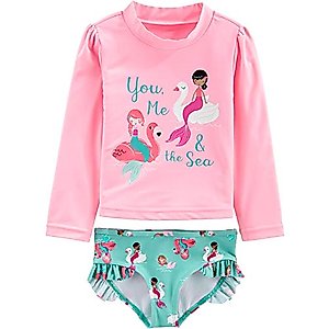 Simple Joys by Carter's Toddler Girls' 2-Piece Assorted Rashguard Sets, Green Swans/Pink Mermaid, 5T