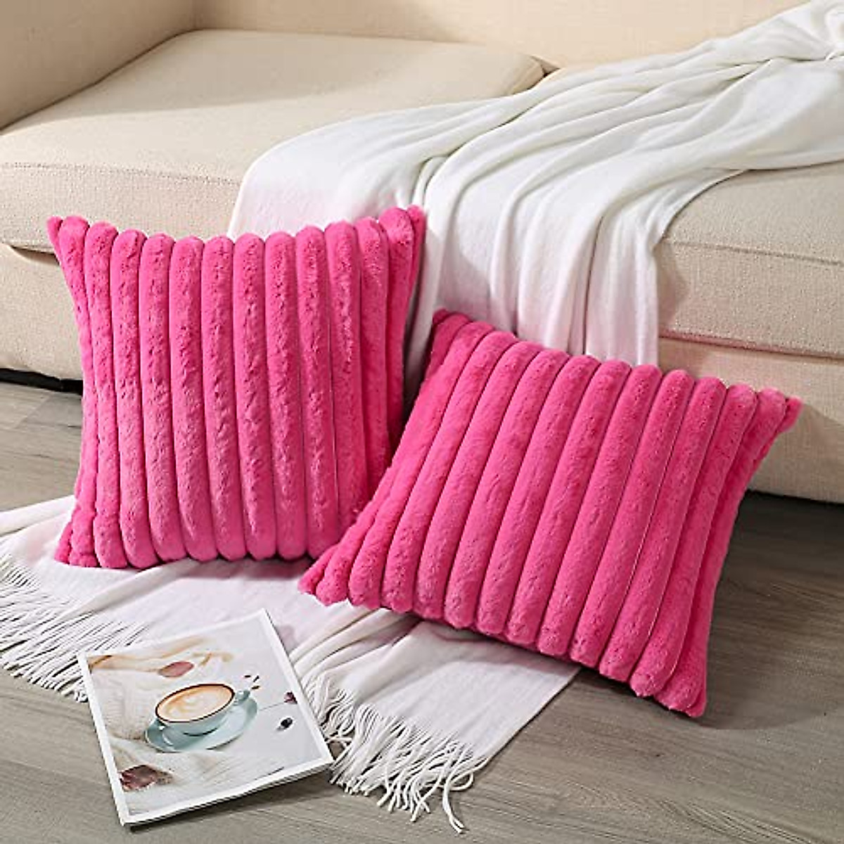 Soleebee Set of 2 Throw Pillow Covers Soft Cozy Velvet Pillowcase Faux Rabbit Fur Cover for Couch Sofa Bed Chair Home Decorative Pillows Cover (18x18 Inch, HOT Pink)