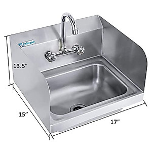 Chingoo Stainless Steel Sink with Faucet and Side Splash Commercial Wall Mount Hand Sink for Restaurant, Kitchen and Home, 17 x 15 Inches