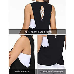 THE GYM PEOPLE Women's Open Cross Back Workout Tank Tops Loose Fit Sleeveless Yoga Running Shirts Black