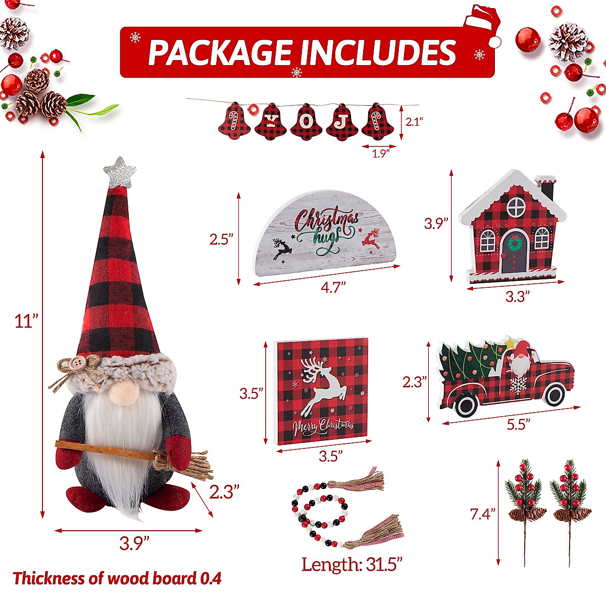 Christmas Tiered Tray Decorations Set - 13 Pcs Farmhouse Decor with Gnomes Plush, Wooden Signs, Bead Garland for Home Table