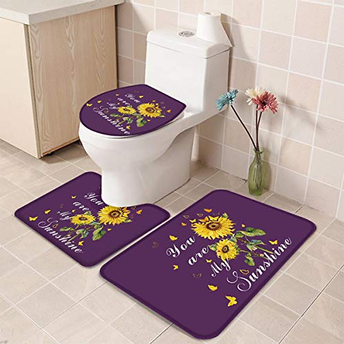 3 Piece Bath Rugs Sets Sunflower Butterfly Non Slip Bathroom Carpet You are My Sunshine Dark Purple Absorbent U-Shaped Toilet Mat, Toilet Lid Cover