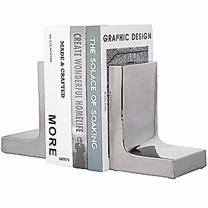 MyGift Metallic Silver Ceramic L-Shape Decorative Bookends Unique Modern Office Desk Book Stand, 1-Pair