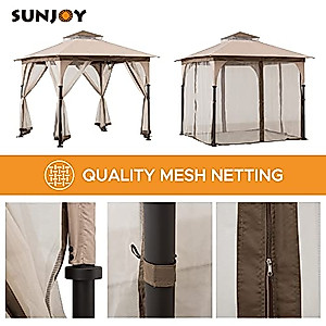 Sunjoy 9.5 ft. x 9.5 ft. Gazebo with 2-Tier Canopy Roof, Steel Frame Soft top Gazebo with Ceiling Hook and Mosquito Netting, Tan and Brown