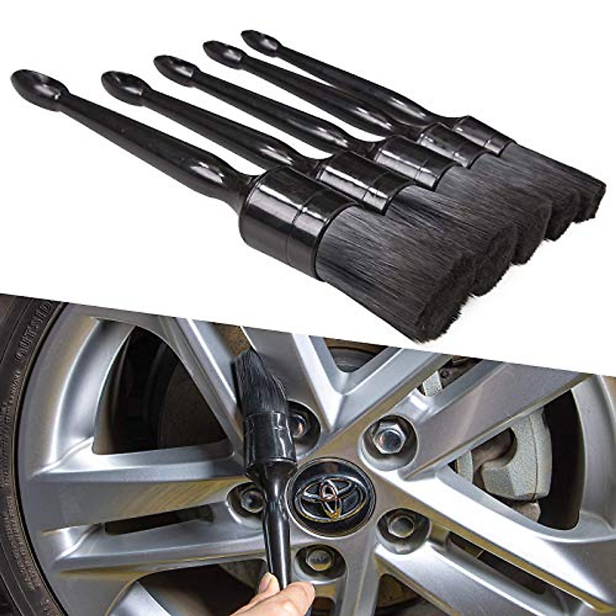 Car Detailing Brush Set, 5 Pack Auto Black Detail Brushes, Comfortable Grip and Scratch-Free Cleaning Brush for Car Interior or Exterior, Wheels, Tires, Engine Bay, Leather Seats, Door Panels, Emblems