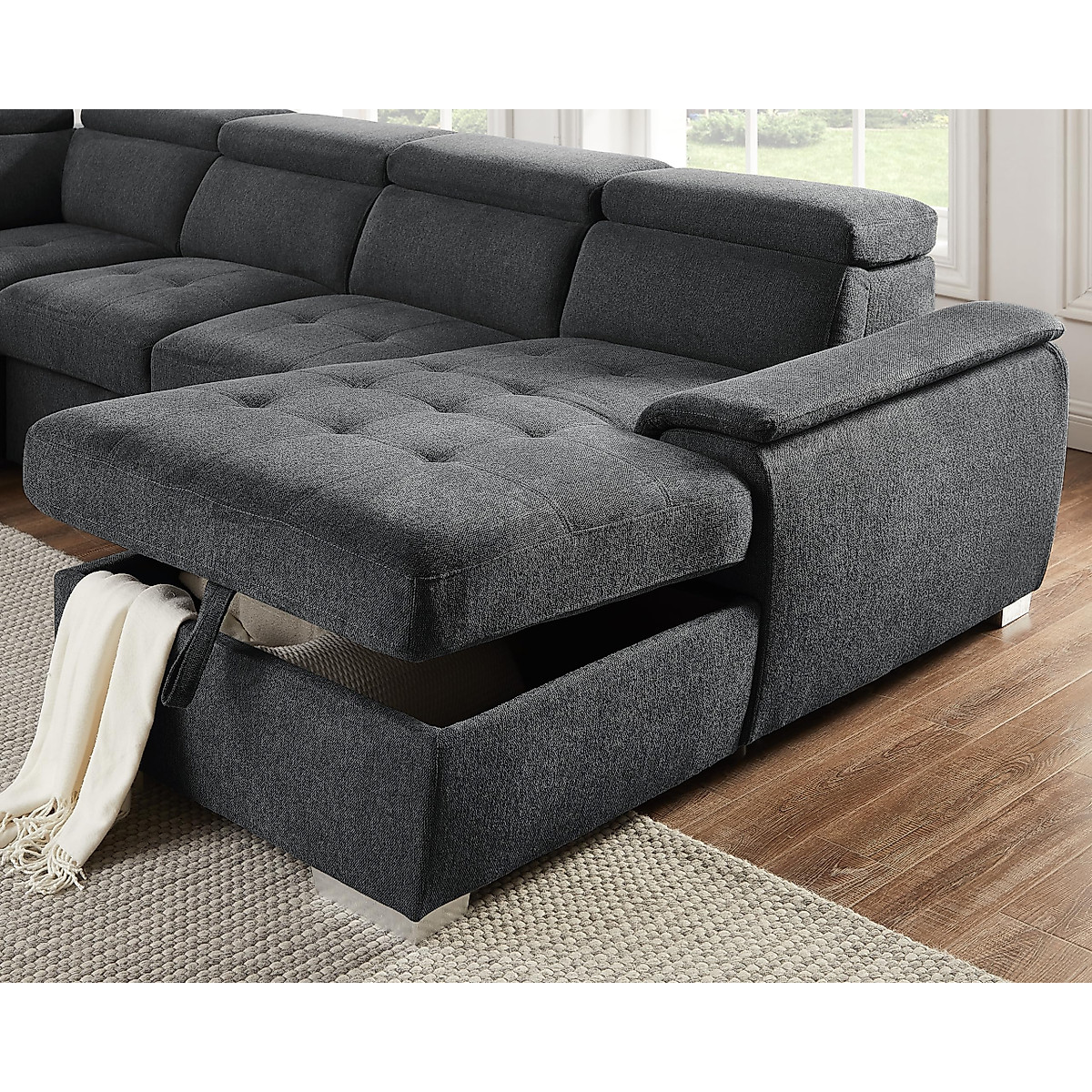 THSUPER 125'' U Shaped Sectional Sleeper Sofa with Pull Out Bed, Storage Chaise Lounge, and Adjustable Headrest, U Shaped Sectional Couches for Living Room - Dark Grey