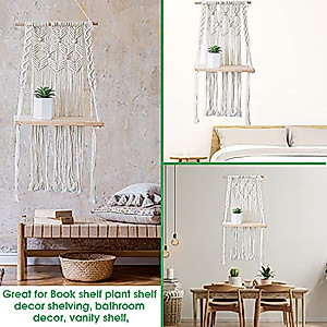 Macrame Shelf - Cute Macrame Hanging Shelf - 1 Tier Macrame Shelf Hanging Ideal for Bohemian Wall Decor to Display Plants, Artwork Pictures Books and Home Decor Items