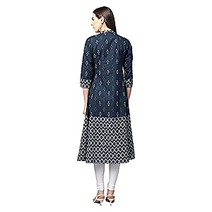 Yash Gallery Women's Cotton Ikat Print A-Line Kurta (Blue)