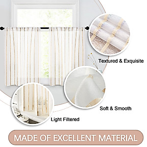 MRTREES Kitchen Curtains Striped Semi-Sheer Tier Curtains Farmhouse Pinstripes Linen Textured Short Cafe Curtain Panels for Bathroom Living Room RV Rustic (2 Panels, W30×L36, Ivory on White)