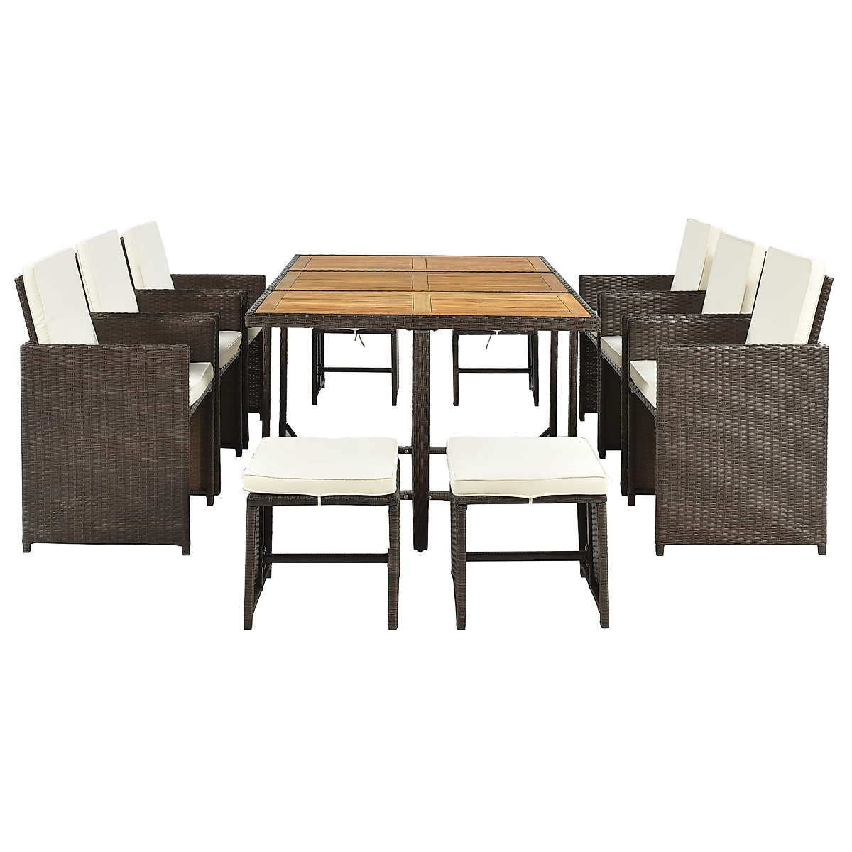 11-Piece All-Weather Outdoor PE Wicker Dining Table Set, Acacia Wood Table with Adjustable Feet and Foldable Dining Chair, Rattan Dining Furniture Set, Space-Saving