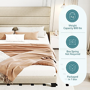 HOOMIC Queen Size Bed Frame with Headboard, Fabric Upholstered Platform Bed with Strong Wood Slats Support, Mattress Foundation, No Box Spring Needed, Beige