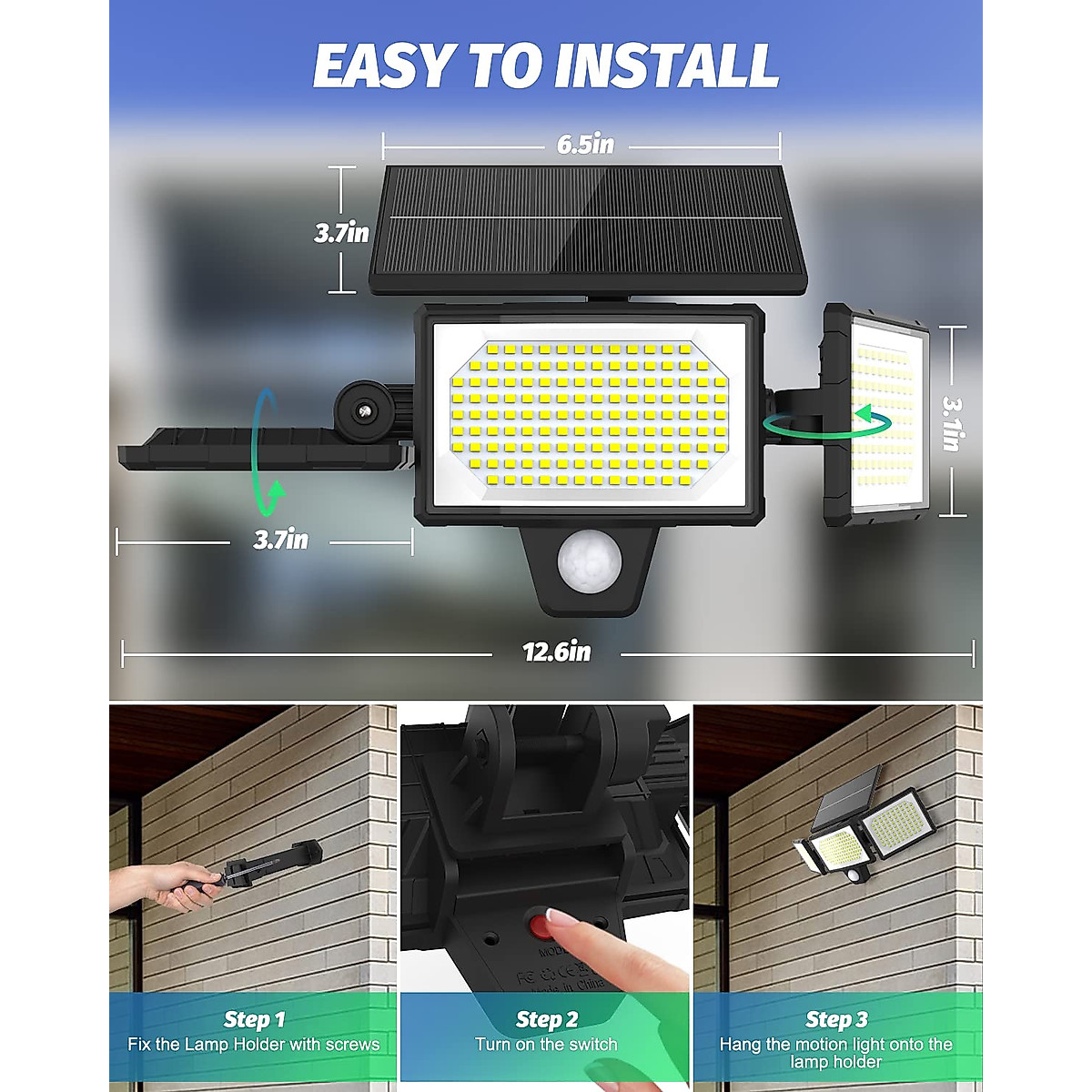 Large Solar Panel Flood Lights Outdoor, 304 Led Solar Lights Waterproof IP67, 3 Foldable Heads Motion Sensor Light with Remote, Security Lights for Front Door Garage Driveway (Always on/Motion)