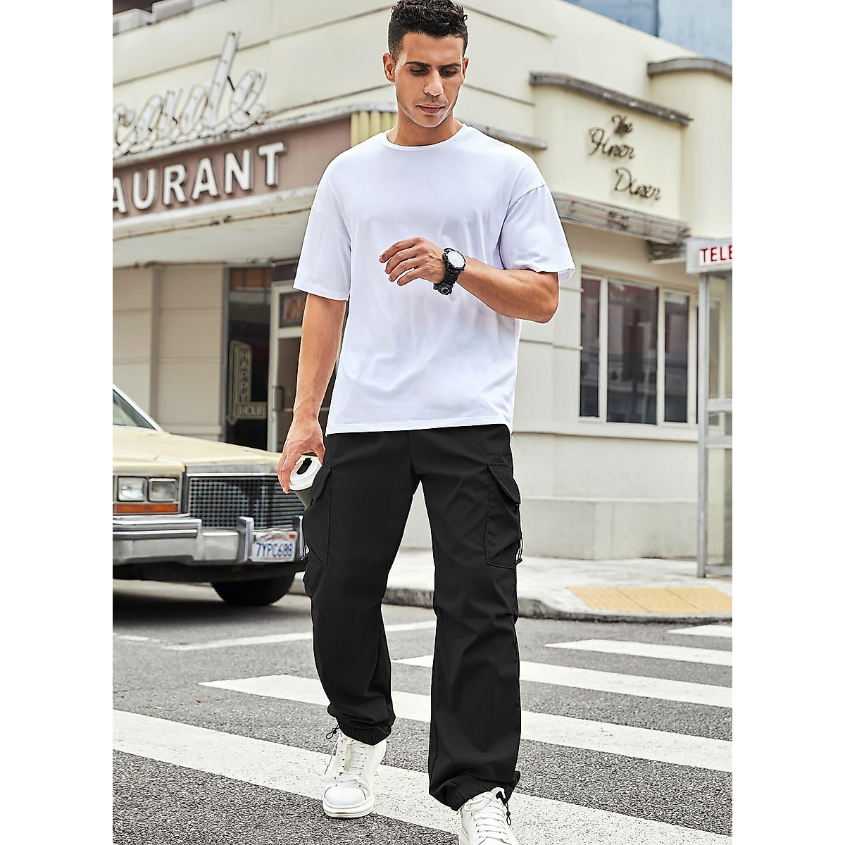 JMIERR Men's Casual Parachute Pants Wide Leg Trousers Beam Feet Harem Baggy Cargo Pants for Trendy Street Wear,US 36(L),Black