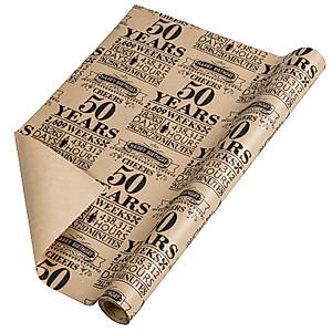 RUSPEPA Scented Kraft Wrapping Paper Roll - Mini Roll - Black 50 Years Design with Fragrance Great for Birthday, Party, Holiday - 17 inches x 16.4 feet - 50th Birthday
